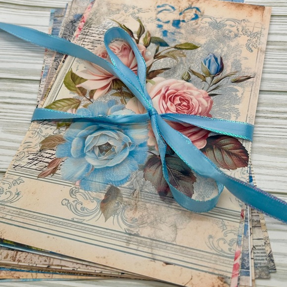 Office | Junk Journal Pages Blue Pink Roses 16 Pages Journaling ...